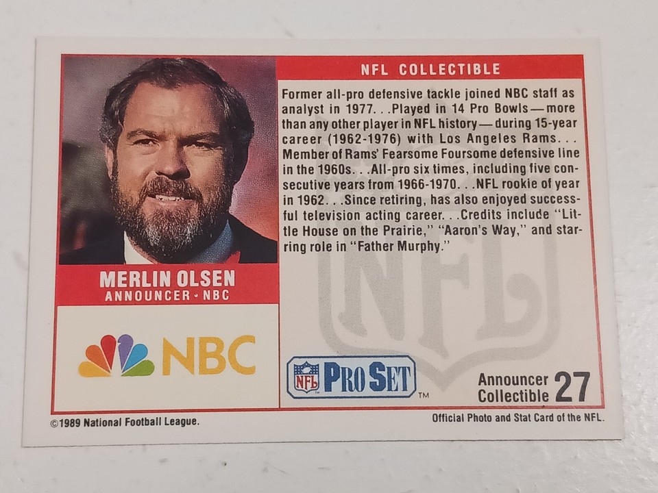 Merlin Olsen Los Angeles Rams NBC Hall Of Fame 1989 Pro Set Card #27 | eBay