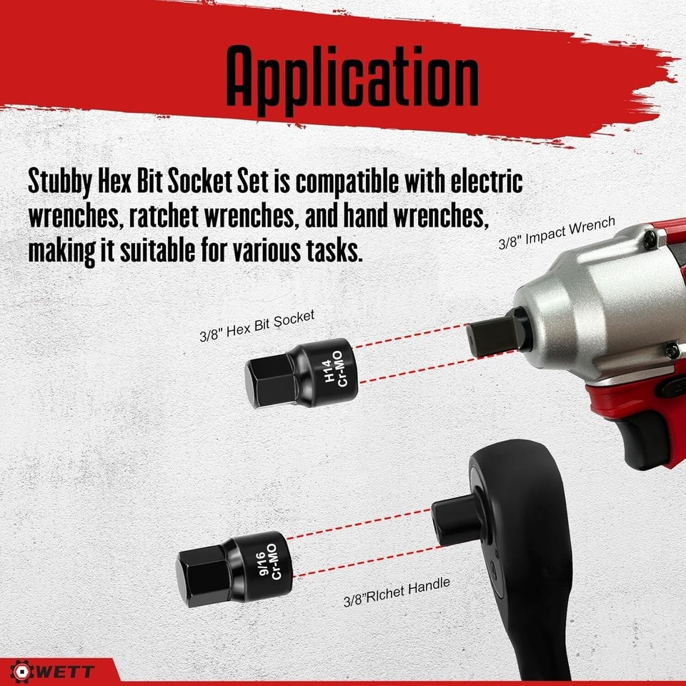 WETT 3/8-Inch Drive Low Profile Impact Hex Driver Set, 16-Piece Stubby ...