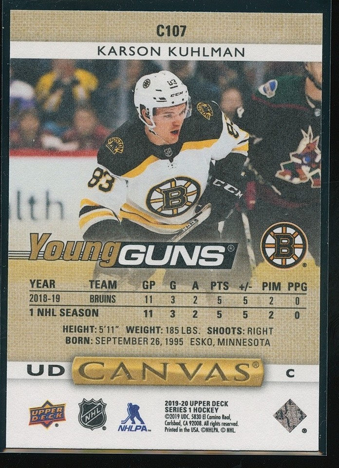 Karson Kuhlman 2019-20 Upper Deck UD Canvas Young Guns #C107 Rookie RC ...