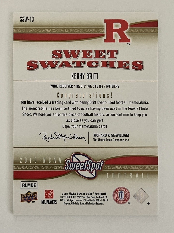 2010 Upper deck Kenny Britt RC Jersey Relic Sweet Swatches SSW-43 ...