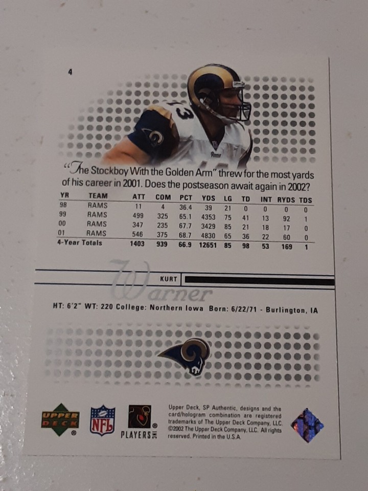 Kurt Warner St. Louis Rams 2002 Upper Deck SP Authentic Card #4 | eBay