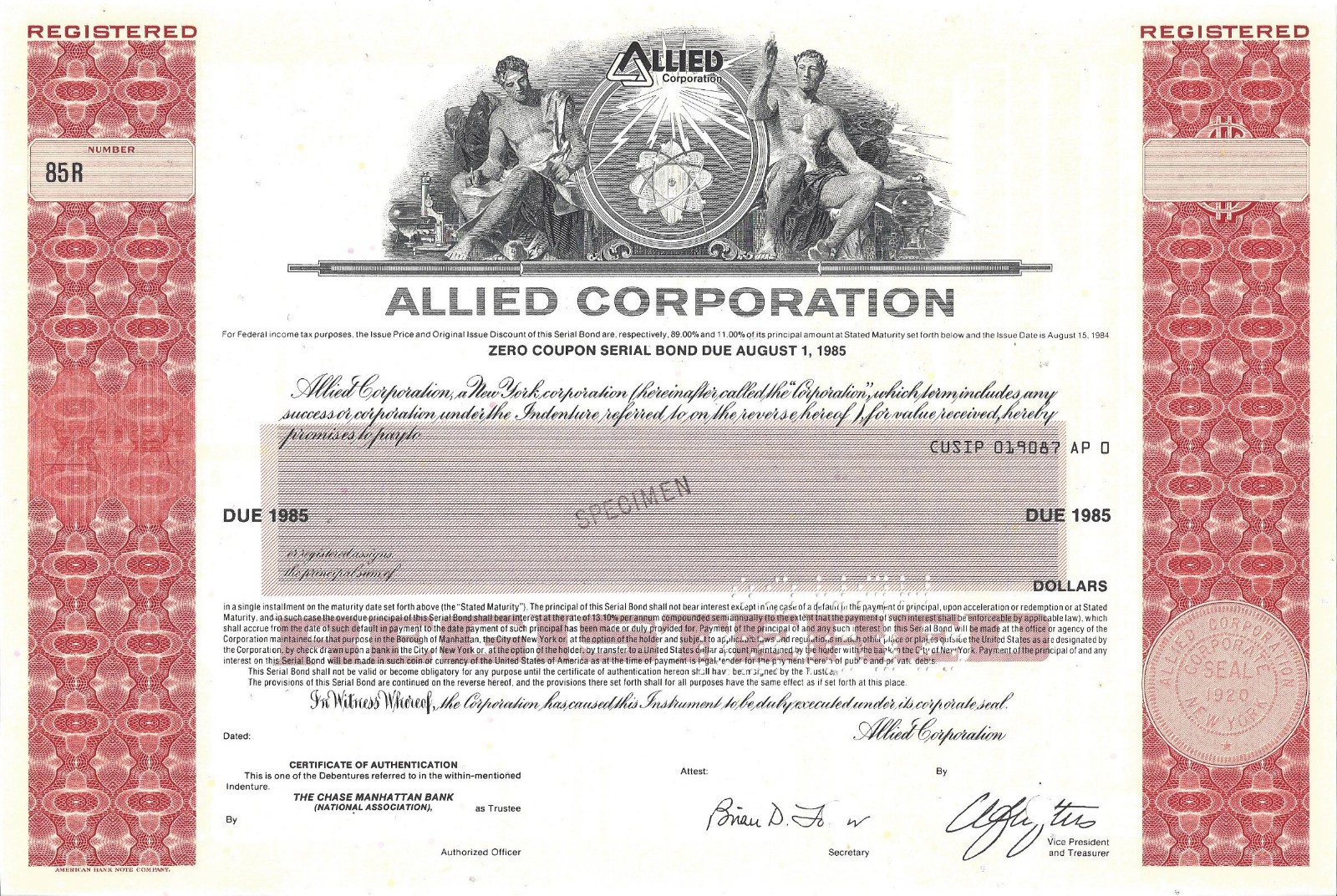 ALLIED CORPORATION.....ABN "SPECIMEN" ZERO COUPON SERIAL BOND | eBay