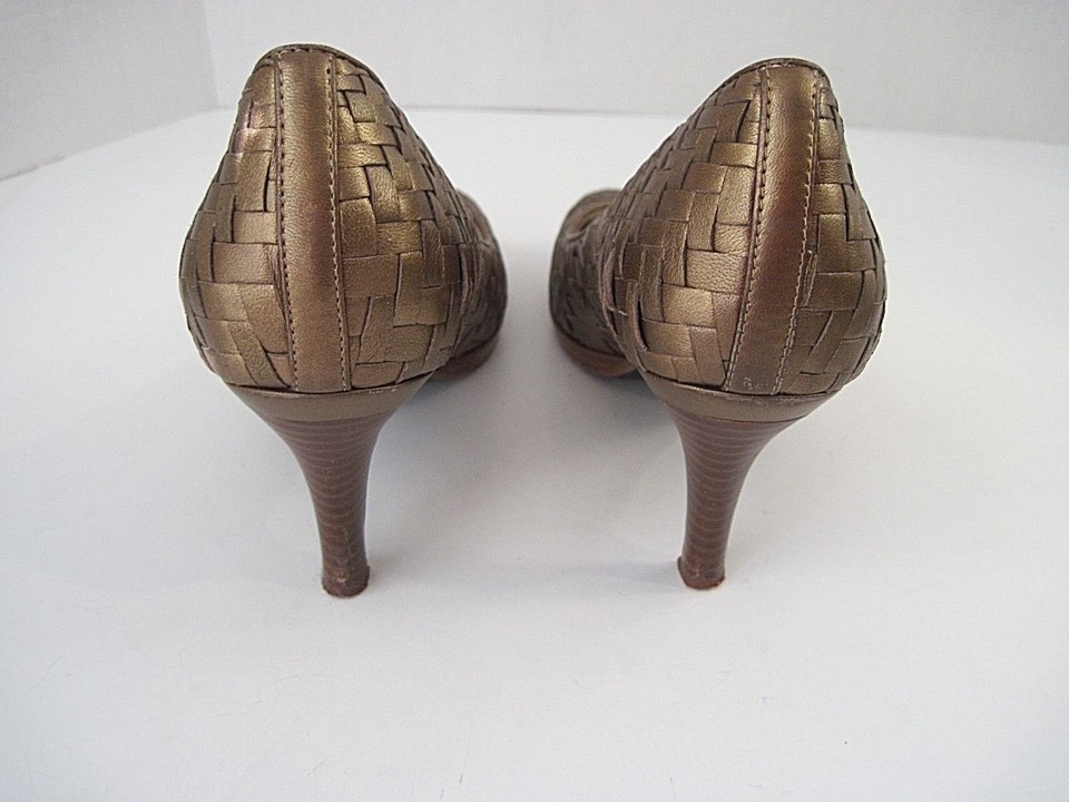 COLE HAAN N. AIR BRONZE WOVEN LEATHER PEEP TOE PUMPS HEELS SIZE 8 1/2 ...
