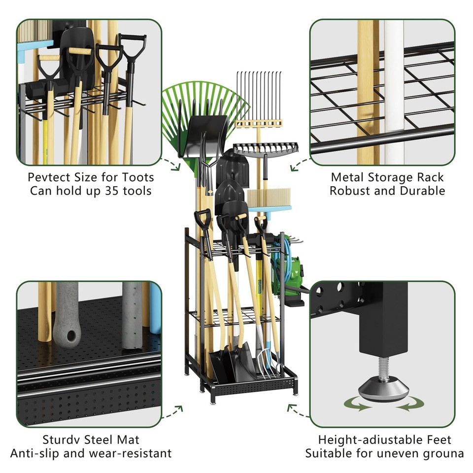 Garden Tool Organizer for Garage, Utility Storage Racks with Hooks ...