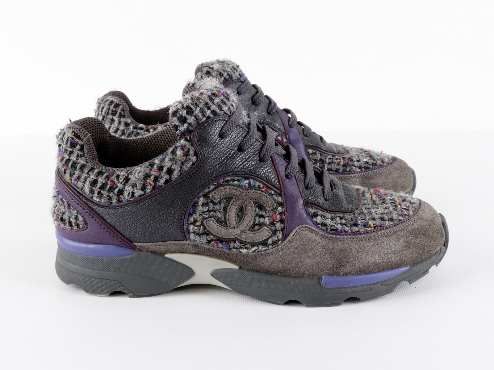 CHANEL Size EU38 US7 Logo Multicolor Tweed Grey Suede Purple Leather ...