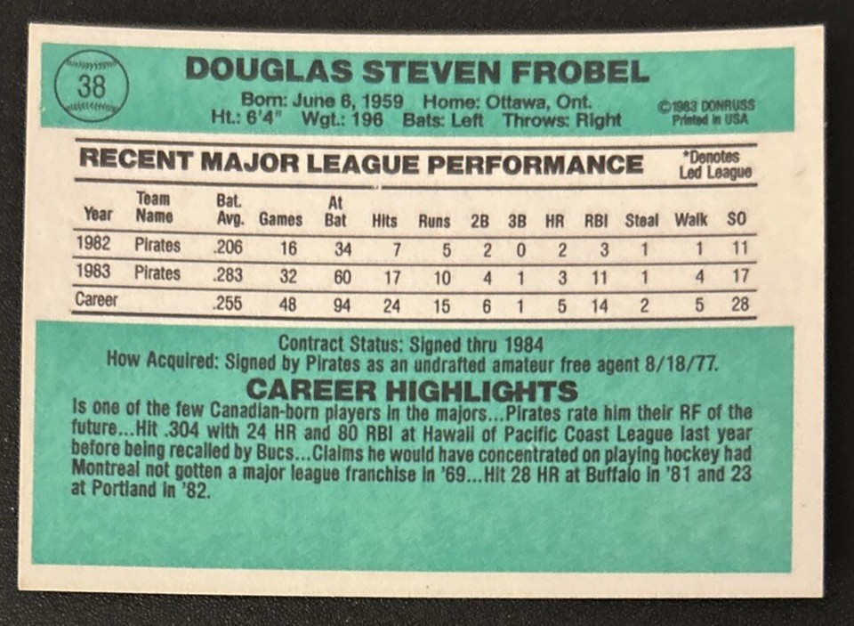 1984 Donruss Doug Frobel Baseball Rookie Card (RC) #38 Pirates O/C ...