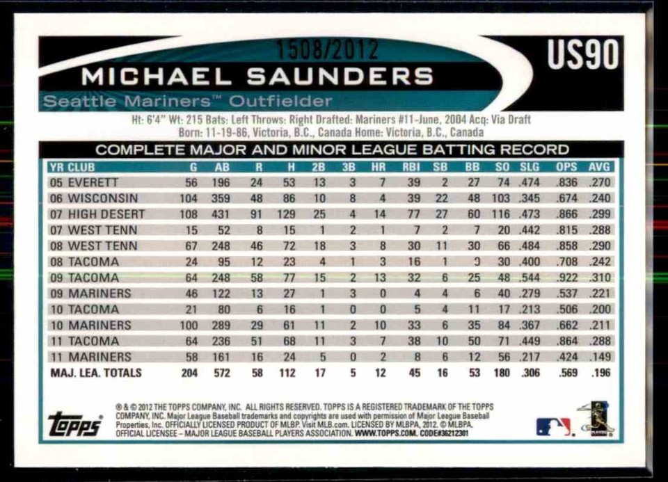2012 Topps Update Gold Michael Saunders US90 Seattle Mariners 1508/2012 ...