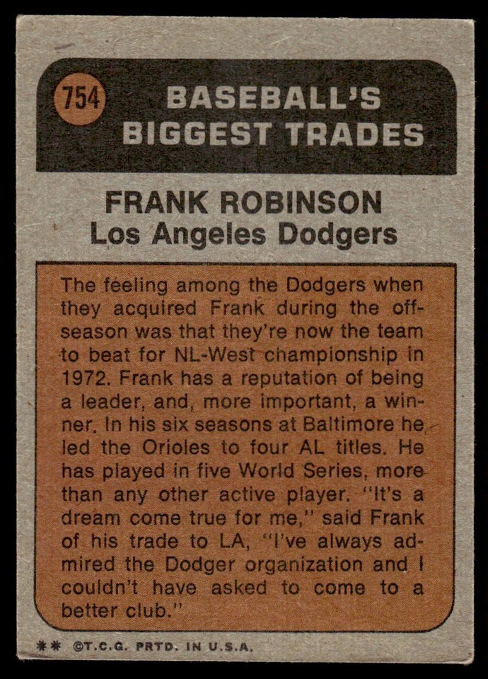 1972 Topps ExNm A22 Frank Robinson Los Angeles Dodgers #754 | eBay