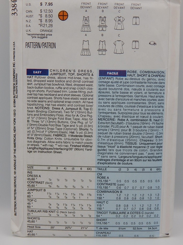 Butterick 3384 Children's Dress Jumpsuit Top Shorts Pattern UNCUT 5 - 6 ...