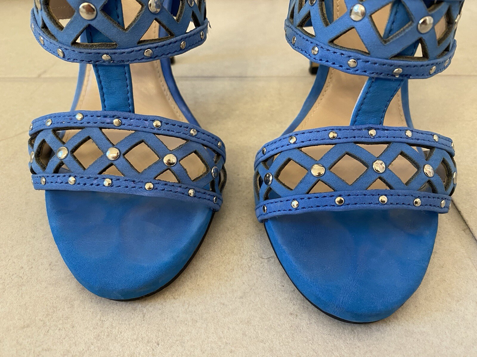 Kurt Geiger Carvela blue leather studded cut out heels sandals shoes ...