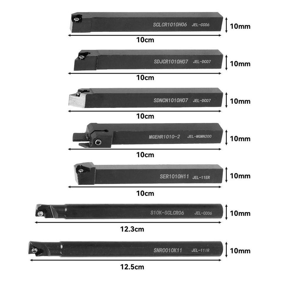 7Pcs 10mm Shank Lathe Turning Tool Holder Boring Bar + Carbide Insert ...