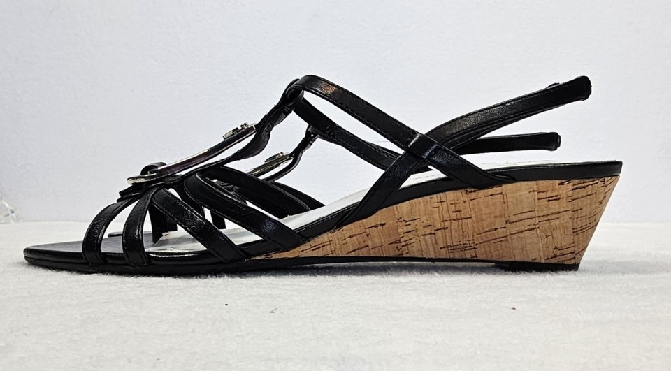 Etienne Aigner Black Leather Strappy Sandals 8.5 Cork Wedge Heel ...