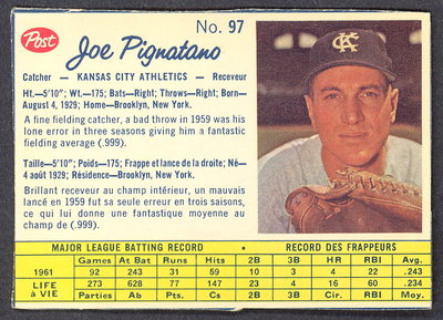 1962 POST CANADIAN BASEBALL #97 JOE PIGNATANO NM KANSAS CITY ATHLETICS ...