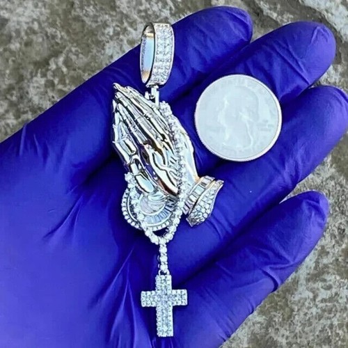 2Ct Round Lab Created Diamond Praying Hand Unisex Pendant 14K White ...