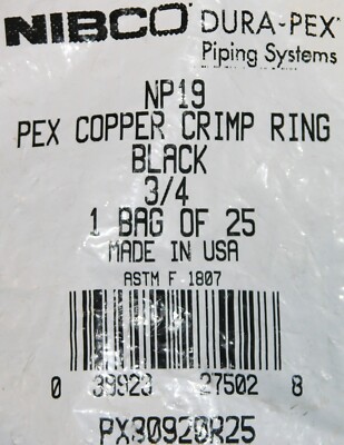 NIBCO Dura-Pex NP19 3/4” Pex Copper Crimp Ring Black 25 Piece ...