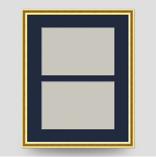 10x8 THIN GOLD PHOTO FRAME incl DARK BLUE Mount for TWO 6x4 PICTURES ...