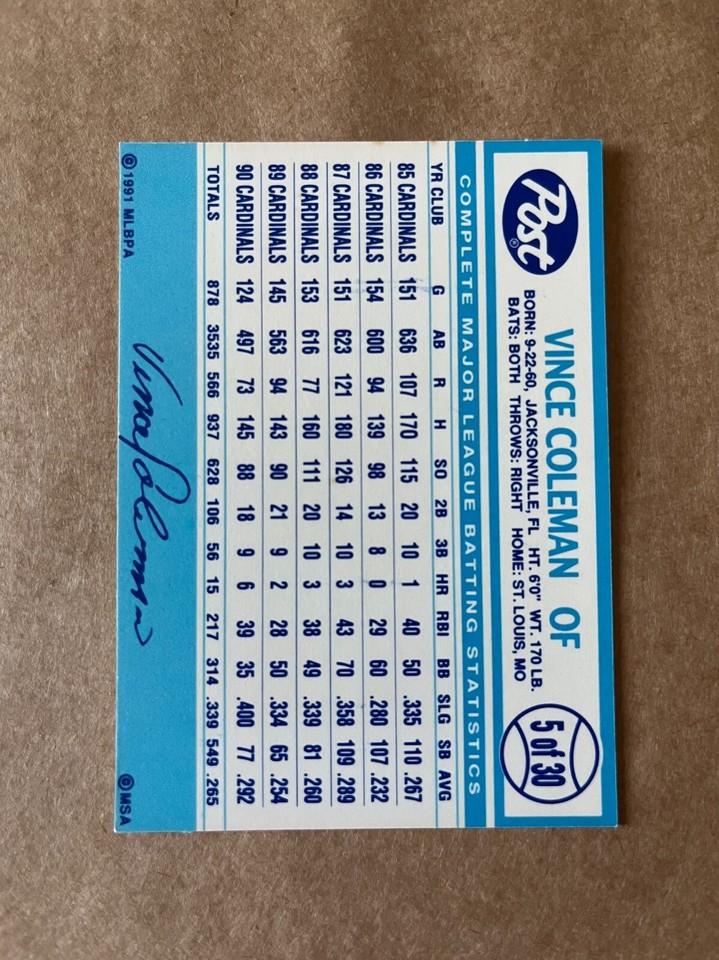 1991 Post Cereal Vince Coleman St Louis Cardinals Baseball Near Mint ...