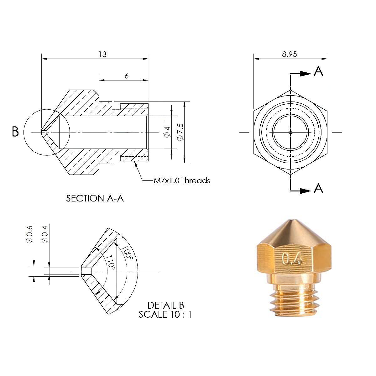 Brass nozzle nozzle for Qidi Tech X-Maker / X-Pro / X-Plus / X-Max / X ...