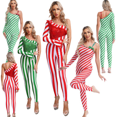 Women's Christmas Candy Cane Costume One Piece Striped Xmas Bodysuit ...