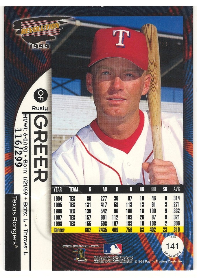 1999 Revolution MLB Baseball Card #141 Rusty Greer 116/299 SP | eBay
