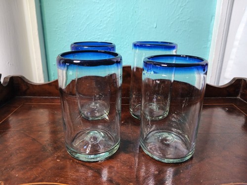 Set of 4 Hand Blown Thick Glass Tumblers Cobalt Blue Rim Bubbles ...