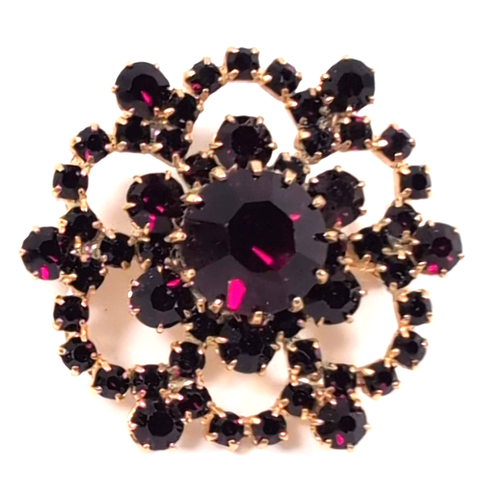 Vintage Deep Red Rhinestone Brooch Pin – Gold Tone Layered Floral ...