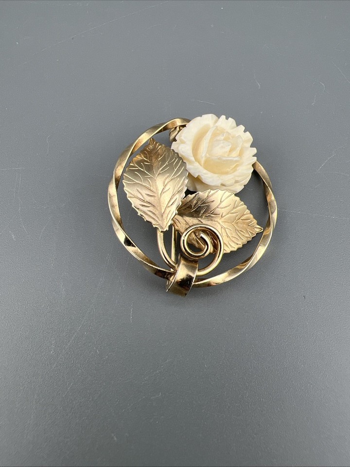 Vintage Brooch Pin White Carved Celluloid Rose Flower 14k Gold Filled ...