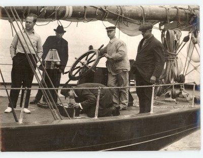 Captain at Helm & Crew on Deck Sailing Yacht ADVENTURESS ca.1920s Press ...