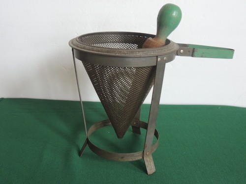 Cool Primitive Tripod Stand Cone AppleSauce Metal Tin Sieve Wood Green ...