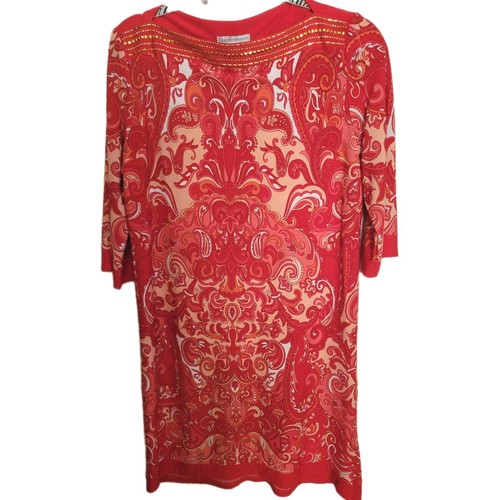 Sandra Darren Orange Paisley Gold Studded Beaded Shift Dress 3/4 Sleeve ...