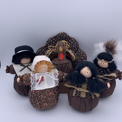 Vintage Thanksgiving Handmade Pilgrim Set Stuffed Plush Decor Dolls ...