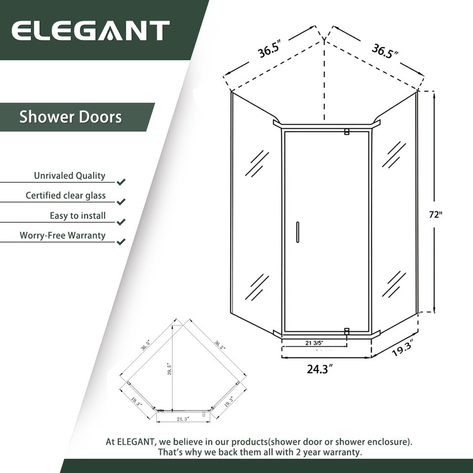 ELEGANT Neo-Angle Frameless Shower Door 36.5" W x 72" H Corner Shower ...