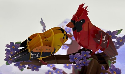 2 Cardinals Birds 3D Pop Up Card Tree Flowers Fall Nature Garden Spring ...