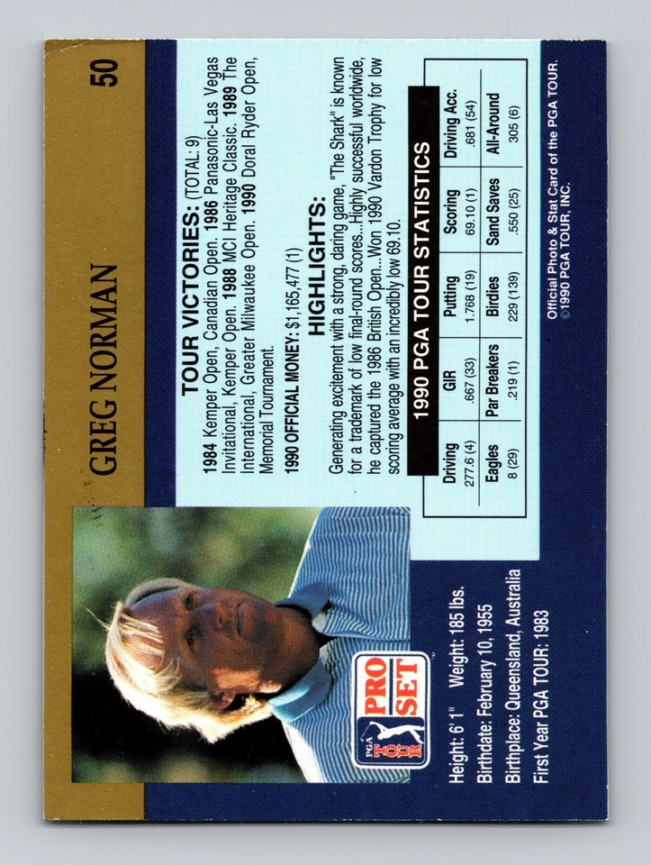 Greg Norman Authentic Autographed Signed 1990 Pro Set PGA Golf Card ...