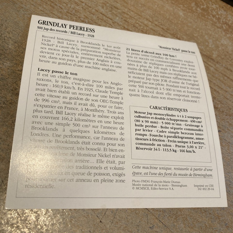 Grindlay Peerless 500 JAP Bill Lacey 1928 Carta Moto Collezione Atlas ...