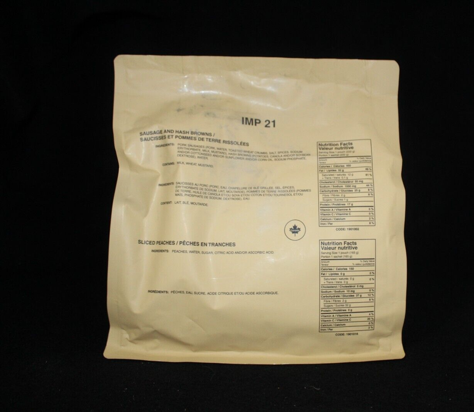 Canadian Army IMP 21 MRE Ration Menu #4 Sausage and Hash Browns | eBay