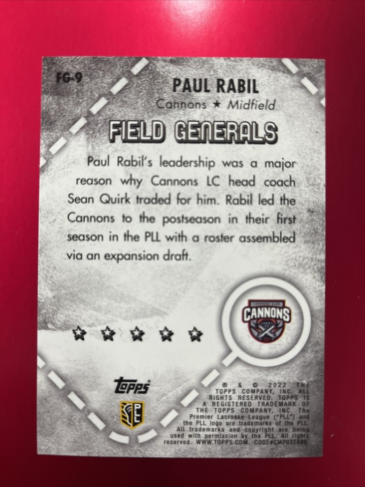 2022 Topps PLL Lacrosse PAUL RABIL Field Generals, Card #FG-9, GOAT 👀📈🐐 ...