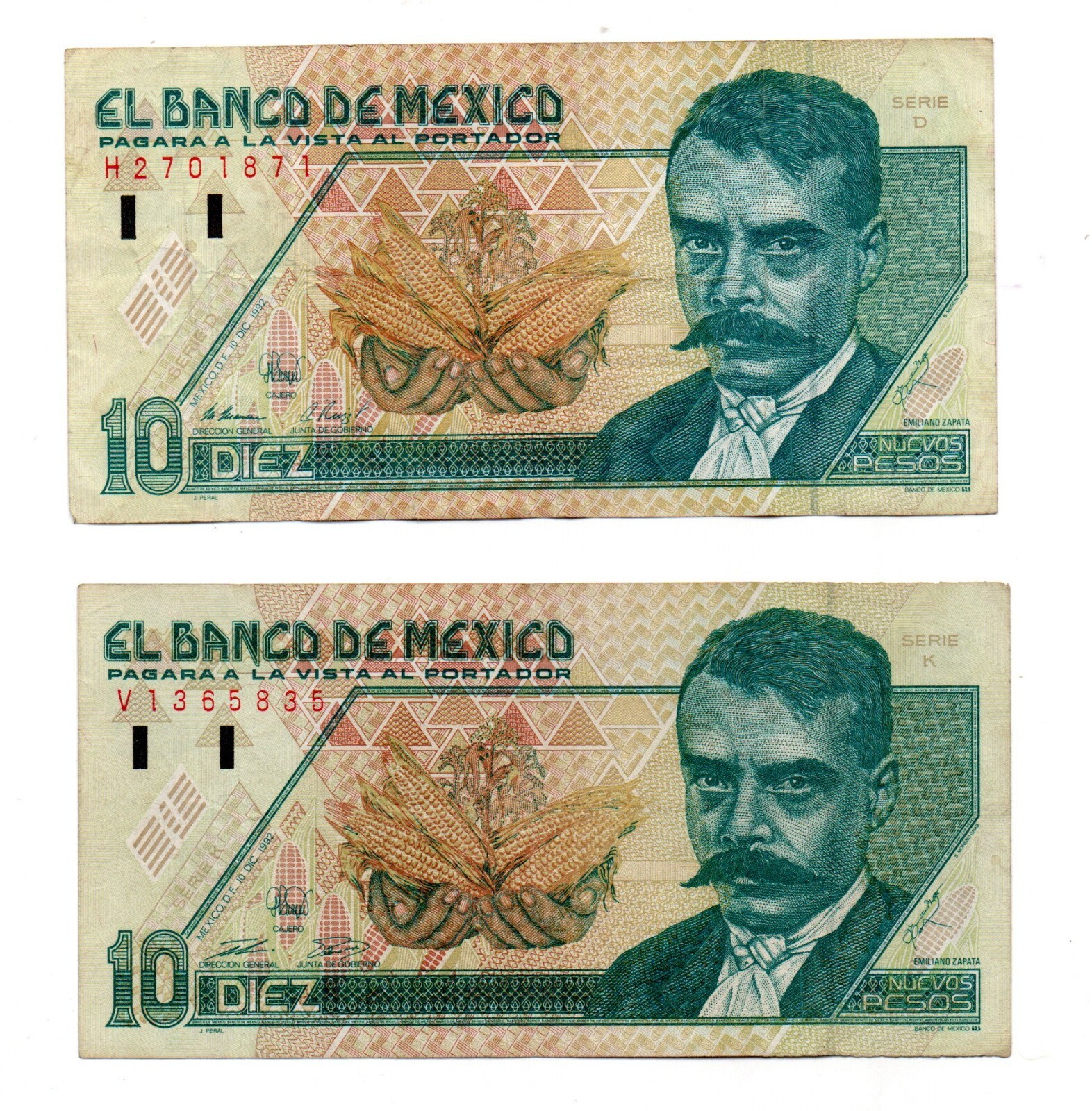 Mexico: Banknotes - 2 x 10 Pesos 1992 Serie D & K P99 | eBay