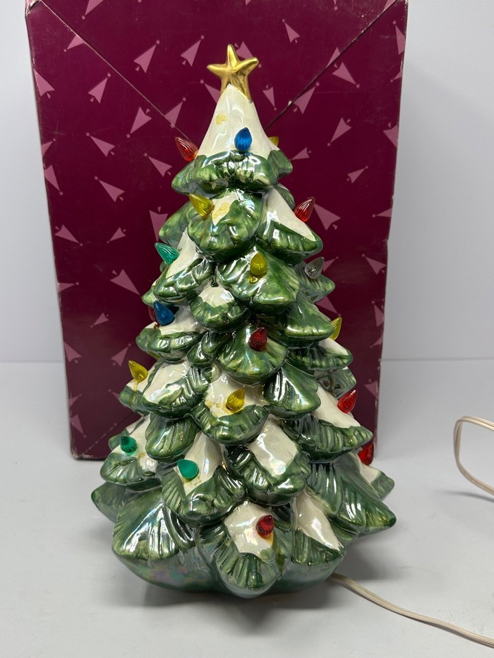 Vintage 2001 Ceramic Christmas Tree Lighted Snow Covered Green White ...