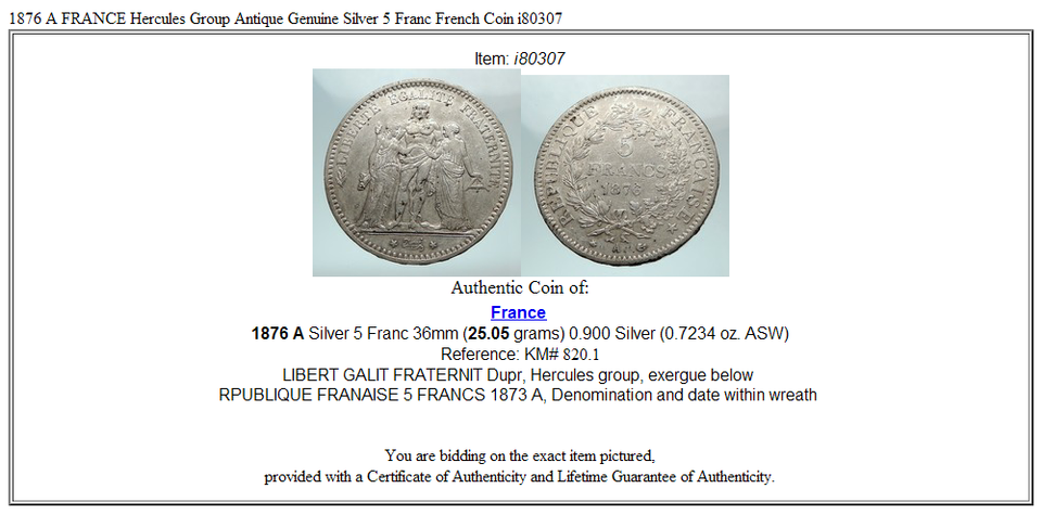 1876 A FRANCE Hercules Group Antique Genuine Silver 5 Franc French Coin ...