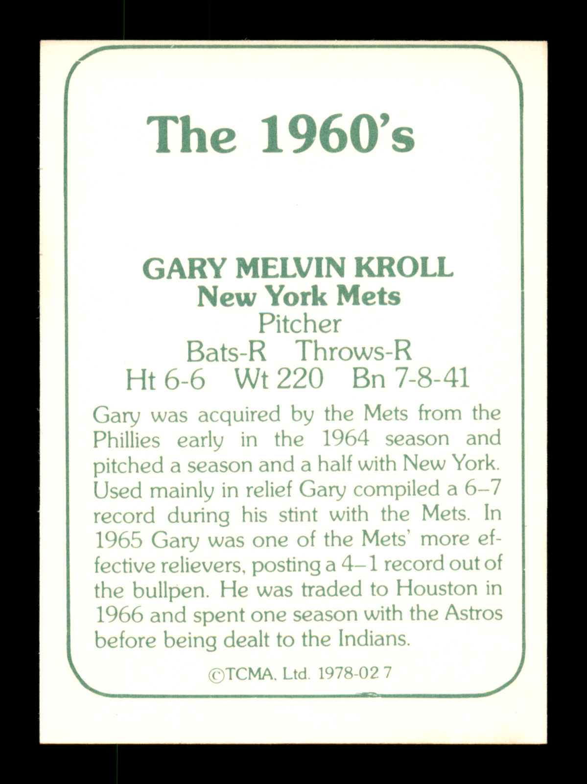 Gary Kroll Autographed Signed 1978 TCMA The 1960's Card #27 New York ...