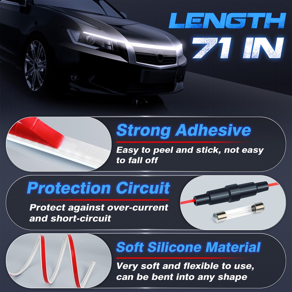 71" Inch Car Hood Light Strip 10A Fuse Dynamic DRL Light LED Car Light ...