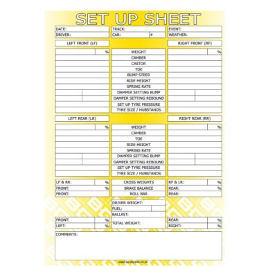50 x BG Racing A4 Sheets For Motorsport / Track Day Car Chassis Setup ...