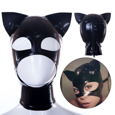 Black Latex Hood Chin Open Rubber Mask for Catwoman Cosplay Catsuit ...