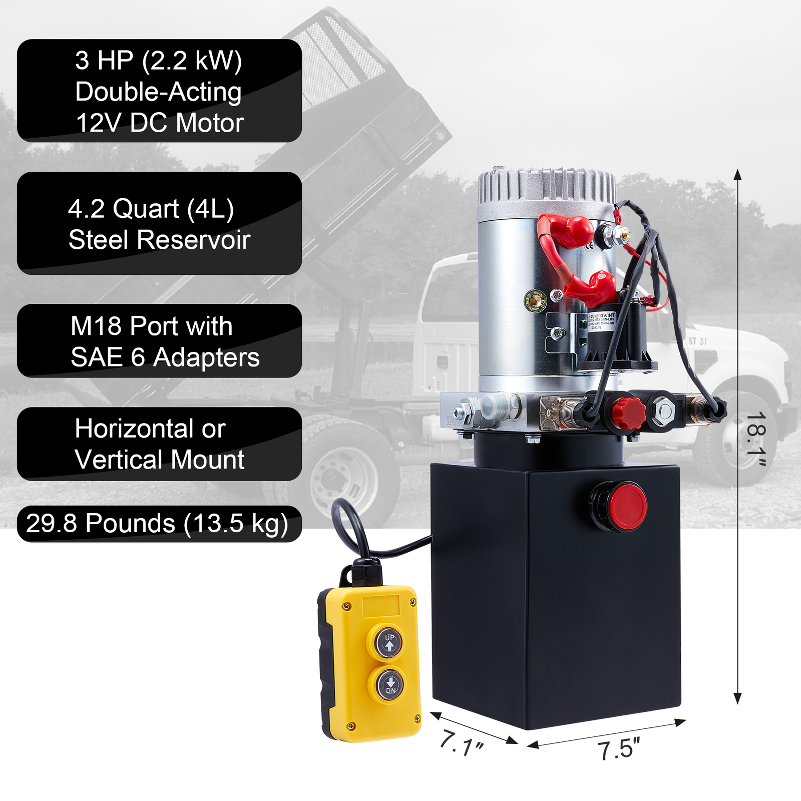 Orion Motor Tech 4 Quart DC 12V Double Acting Hydraulic Pump for Dump ...