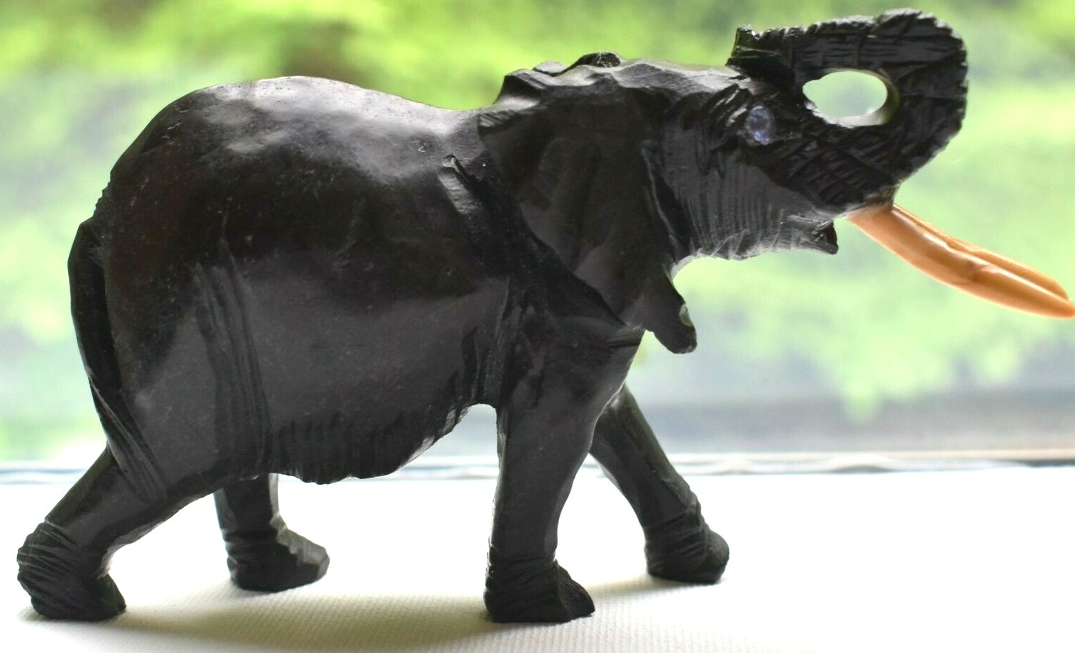 Hand Carved Black Onyx Elephant Tanzanite Eyes, Jasper Tusk Trunk Up ...
