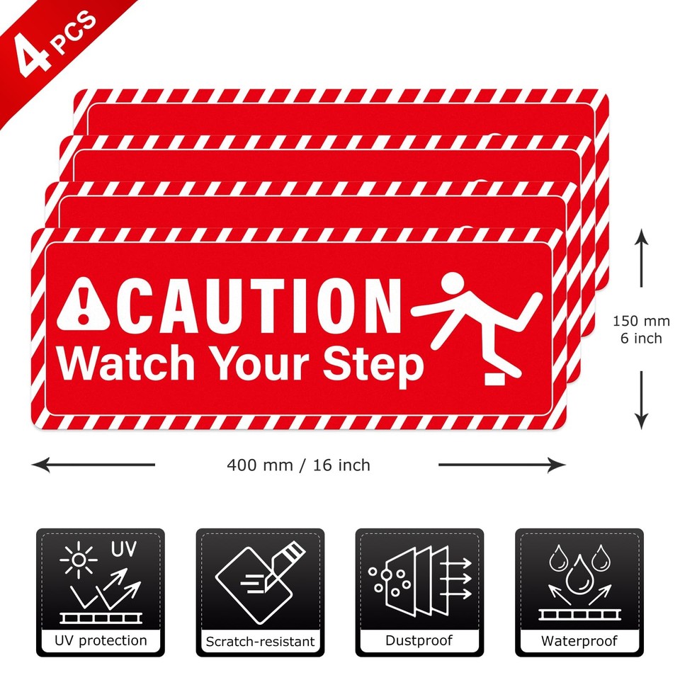 4 PCS Watch Your Step Sticker Sign 6" x 16" Self-Adhesive Vinyl Caution ...