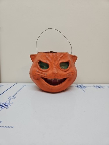 RARE HALLOWEEN PAPER MACHE PULP ORIGINAL ORANGE GRIMMACING CAT LANTERN ...