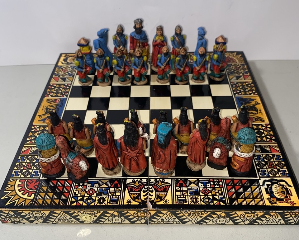 Vintage Peruvian Hand Painted Mayan Vs Conquistadors Chess Set 10 ...