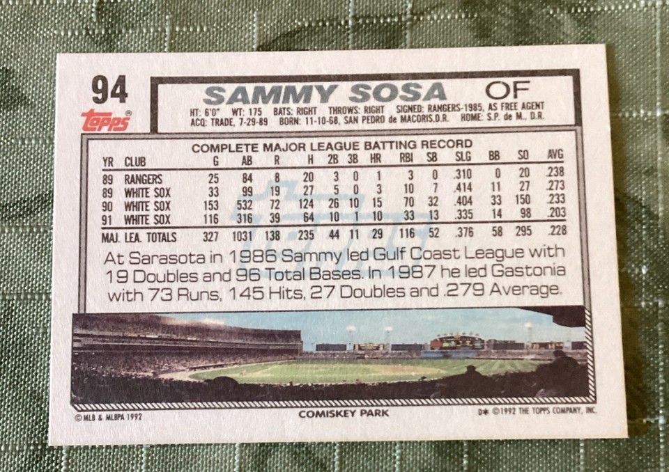 1992 Topps - Sammy Sosa #94 - near mint condition - FREE SHIPPING | eBay